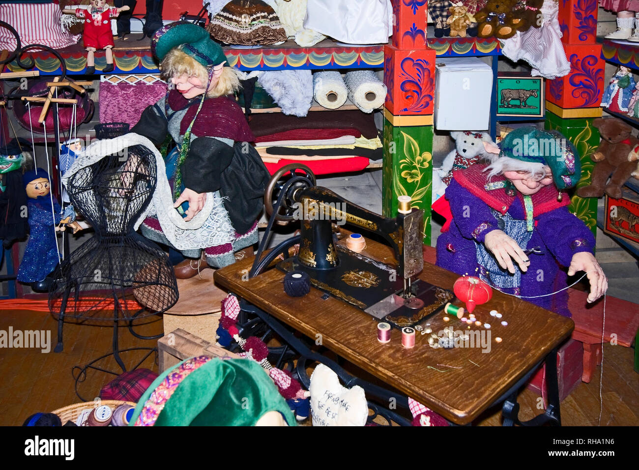 doll sewing room display; doll seamstresses working; clothes; antique ...