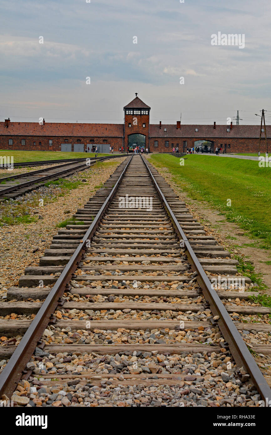 Oswiecim, Poland - July 11th 2018. The main gate and guard tower ...