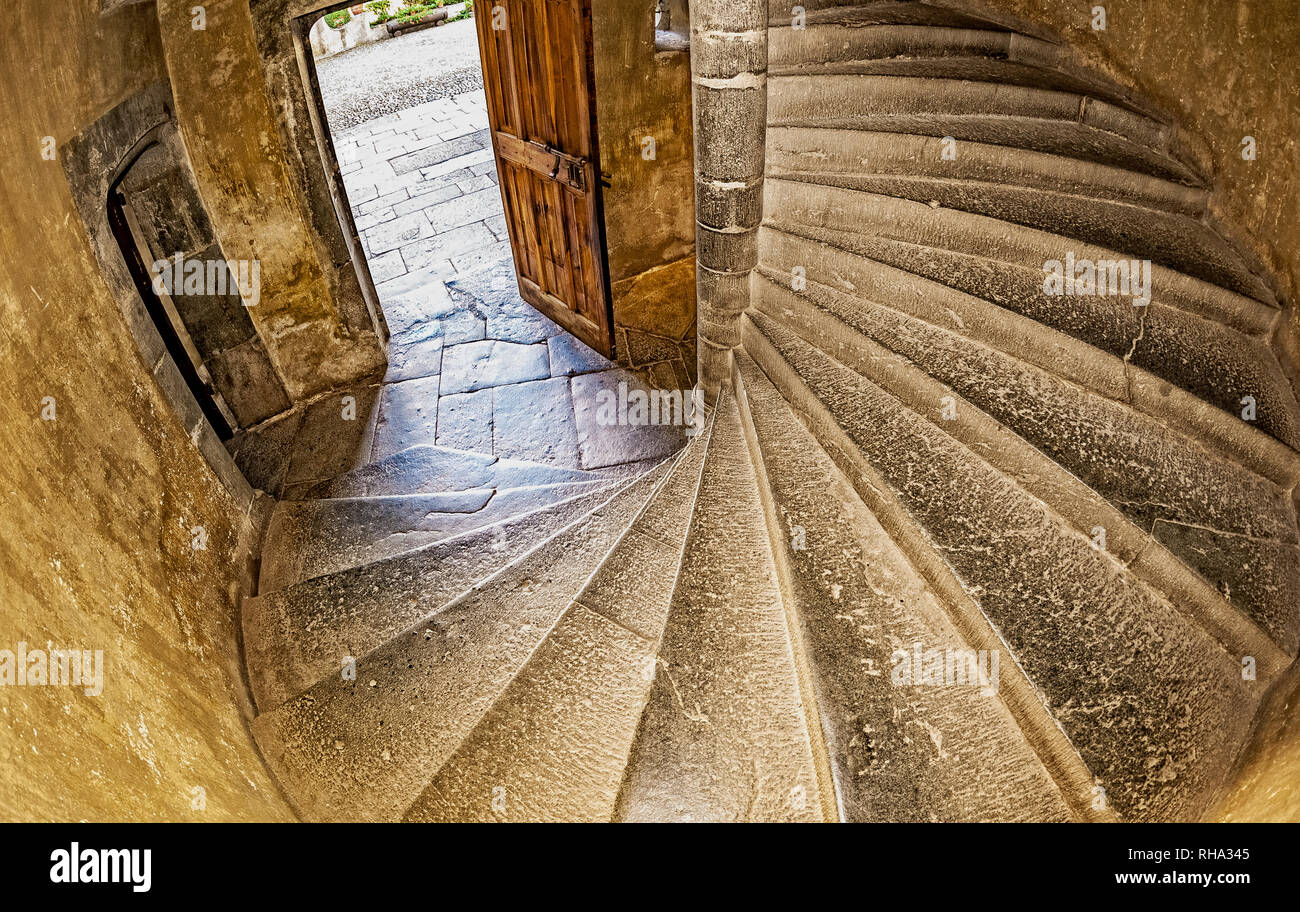 Italy Valle d'Aosta Issogne the Castle spiral staircase Stock Photo - Alamy