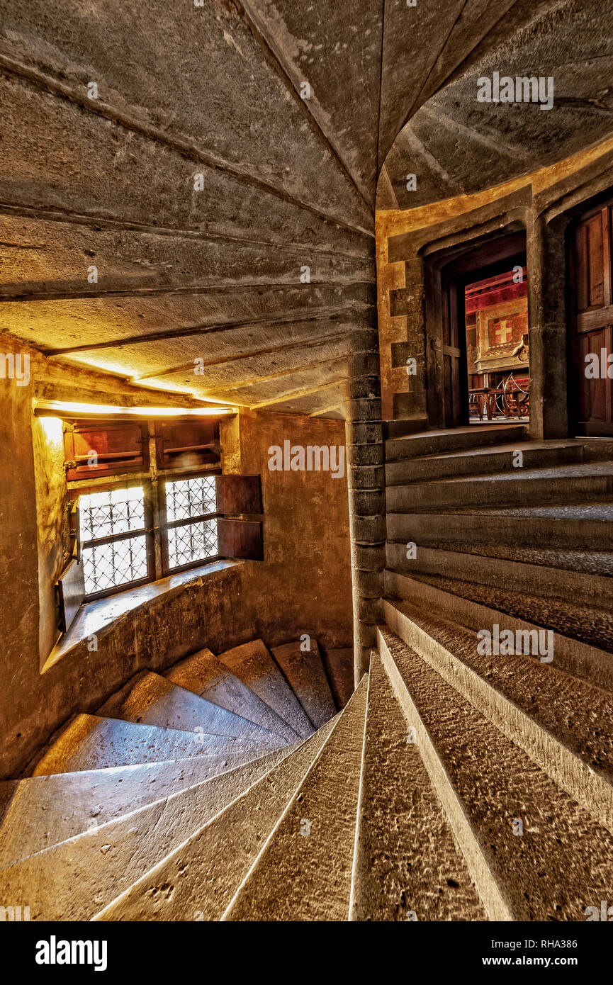 Italy Valle d'Aosta Issogne the Castle spiral staircase Stock Photo - Alamy