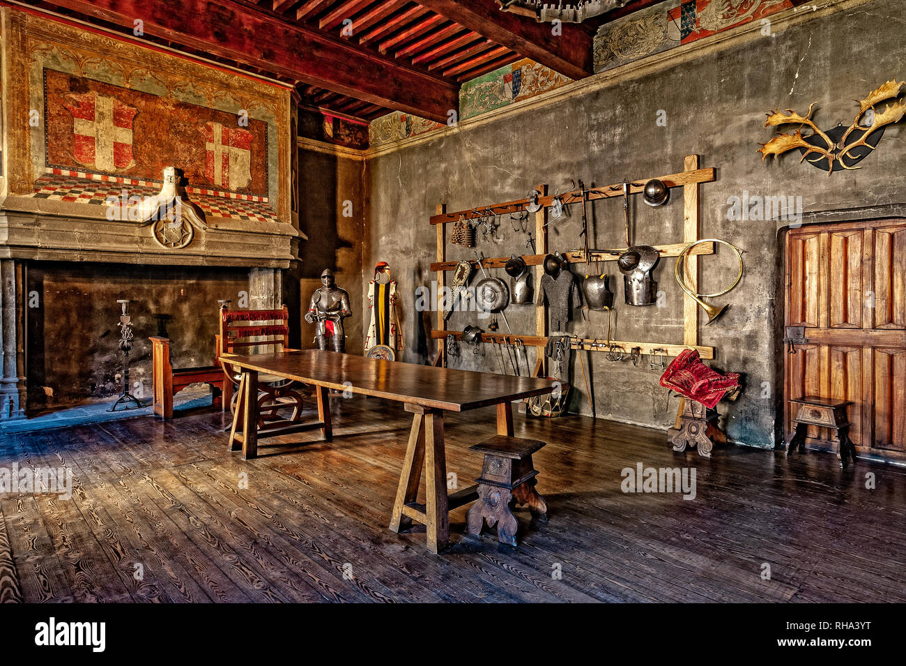 Italy Valle d'Aosta Issogne the Castle - hall of arms Stock Photo - Alamy