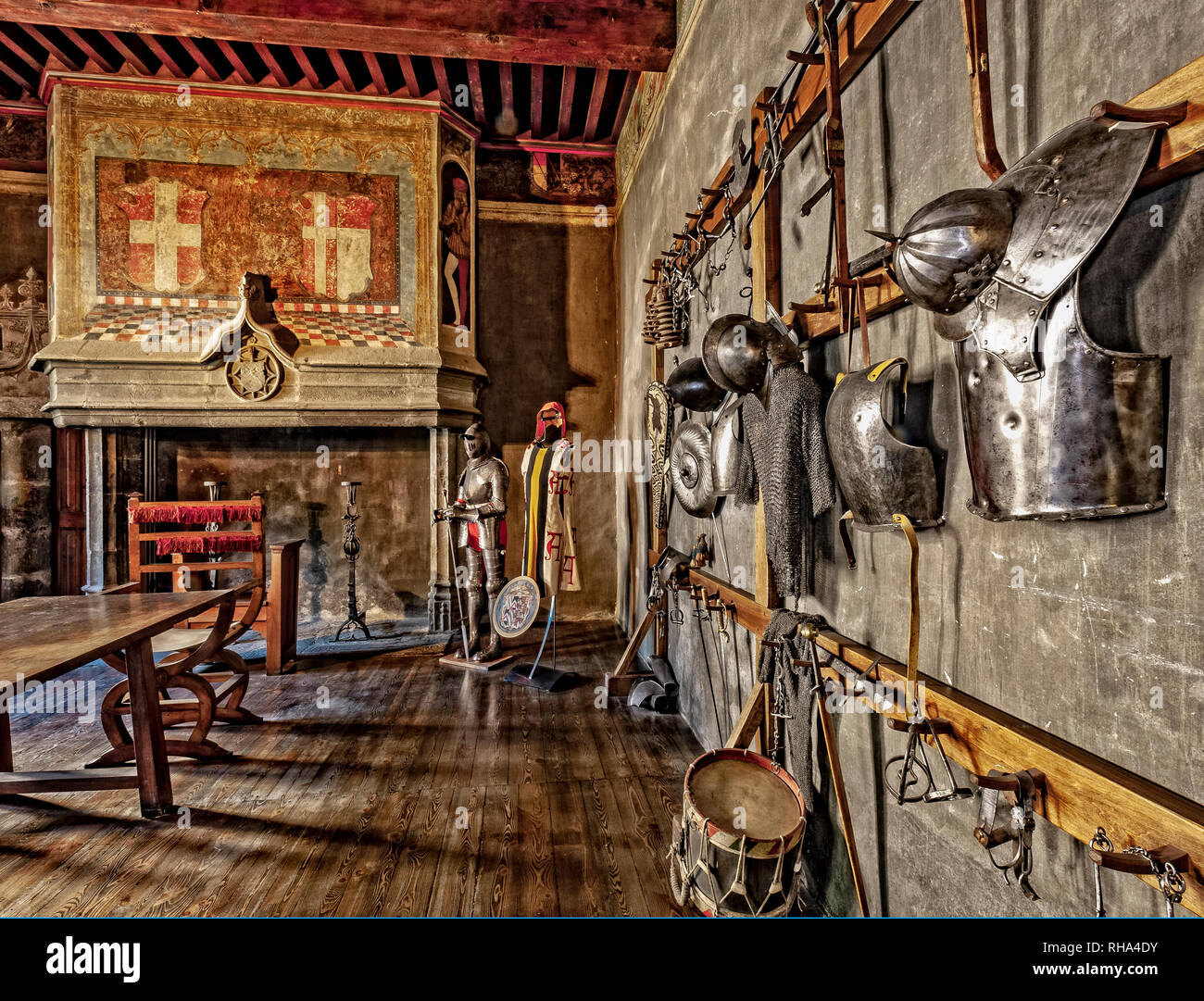 Italy Valle d'Aosta Issogne the Castle - hall of arms Stock Photo - Alamy