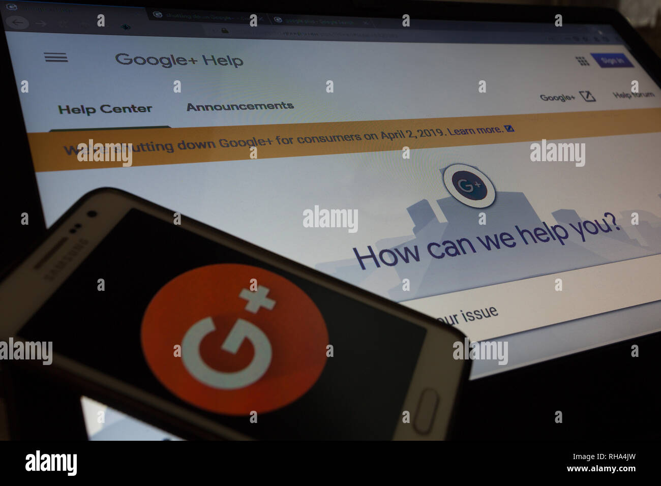 Google+ logo is shown on a smartphone display and its support webpage ...