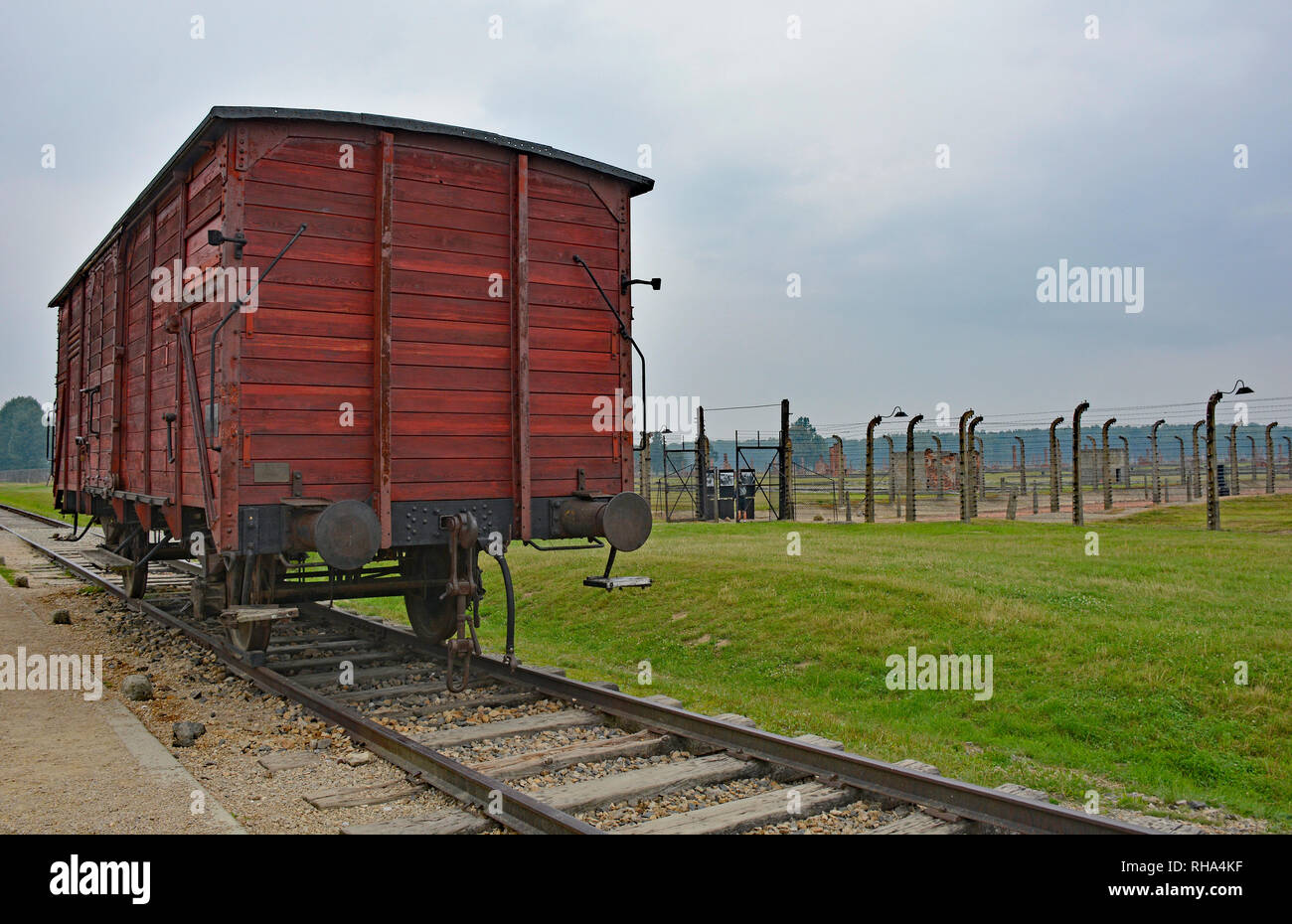 A train car on the unloading platform at the Birkenau-Auschwitz ...