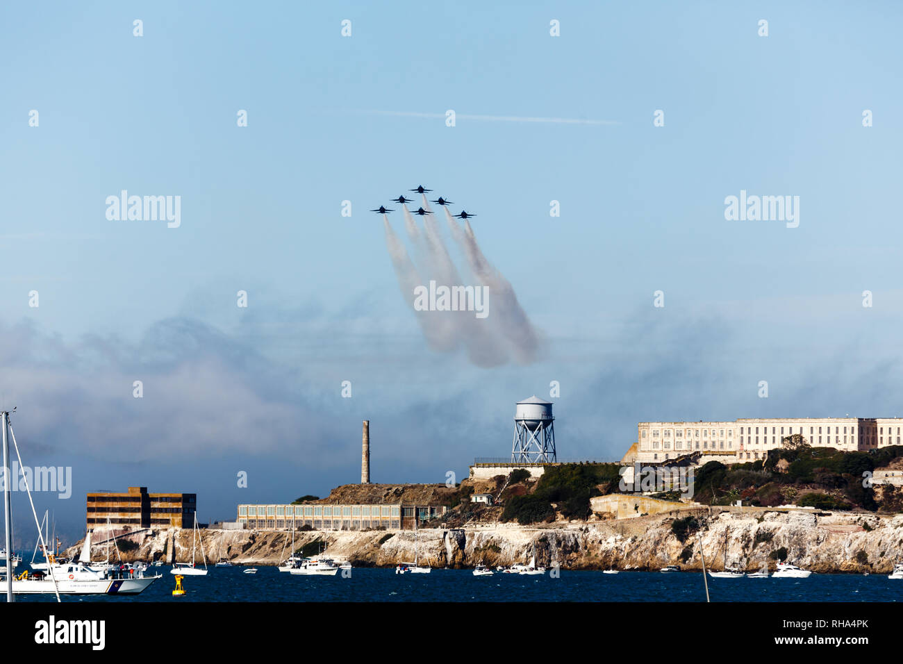 Blue angels approach crowd and boats over Alcatraz island at air show ...