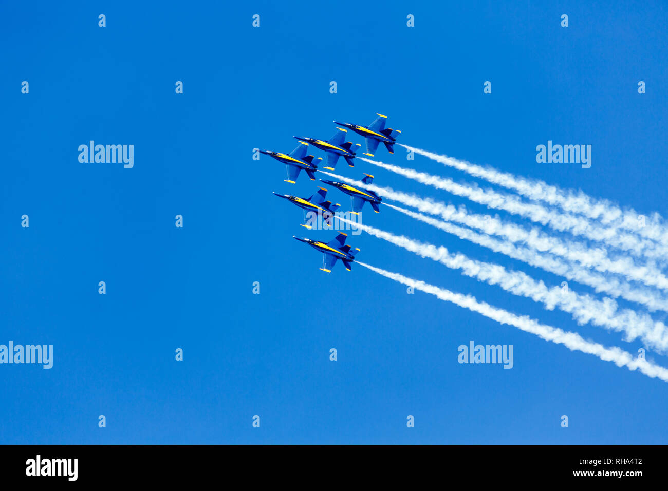 Tight six plane formation of Blue angels flies over San Francisco Bay ...