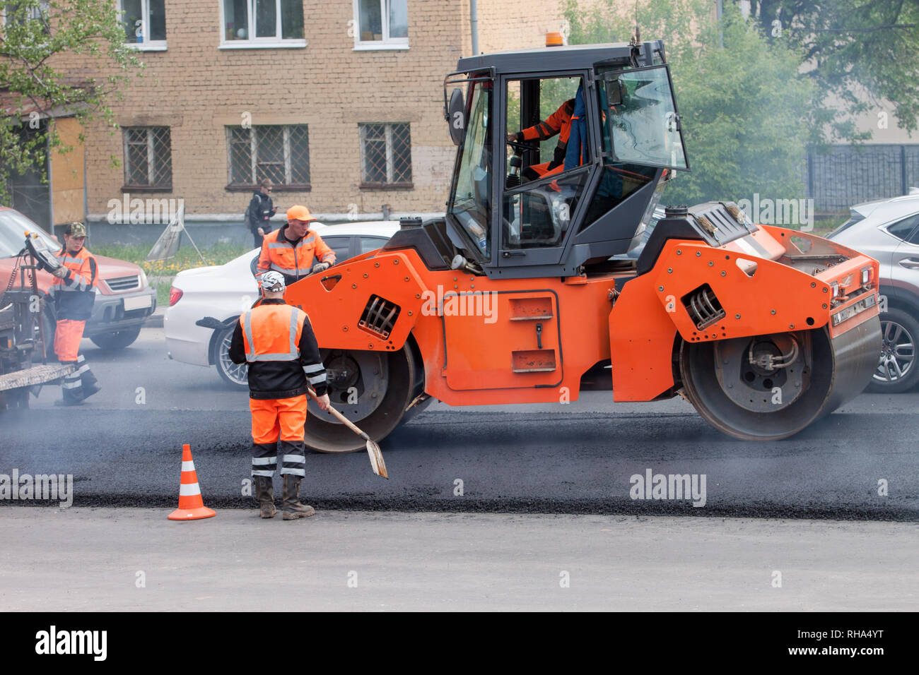 Russia, Izhevsk - May 30, 2018: Road building. Repair and replacement ...