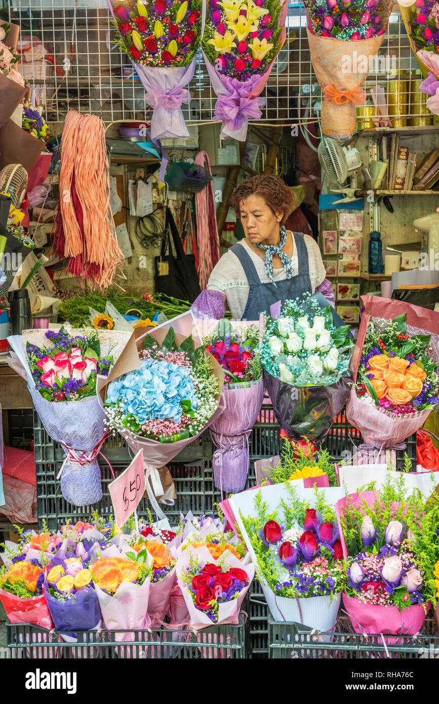 Flower shop at the Flower Market in Kowloon, Hong Kong, China, Asia ...
