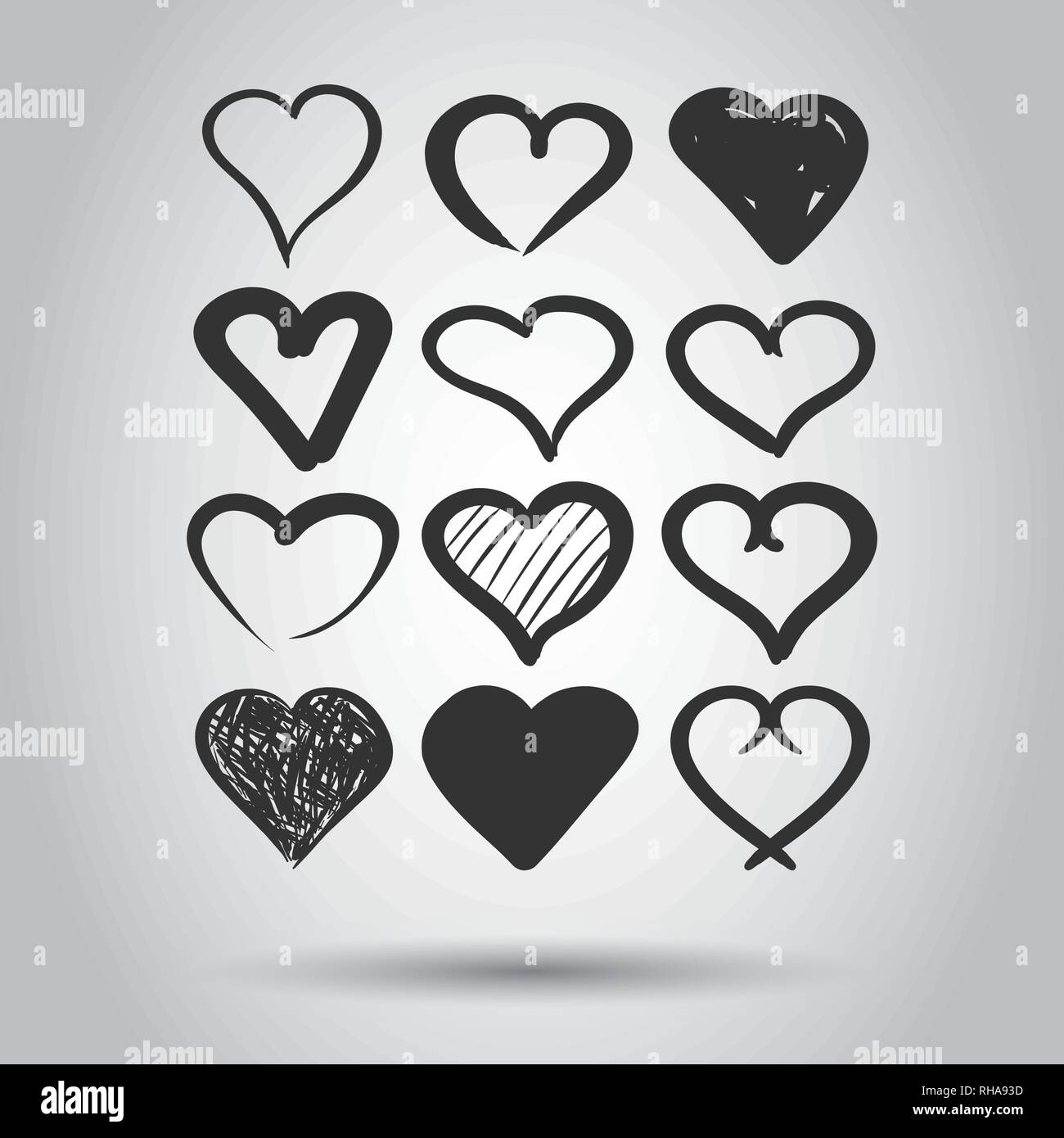 Set of the hand drawn hearts vector icon. Love sketch doodle heart illustration. Handdrawn ...