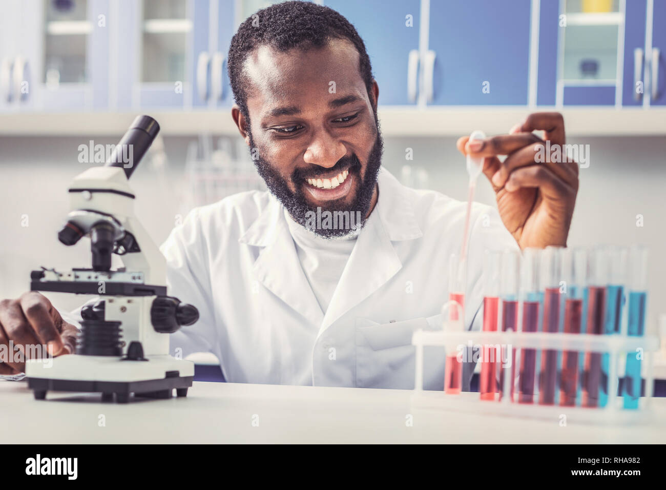 Successful bioengineer feeling happy after reaching result Stock Photo ...