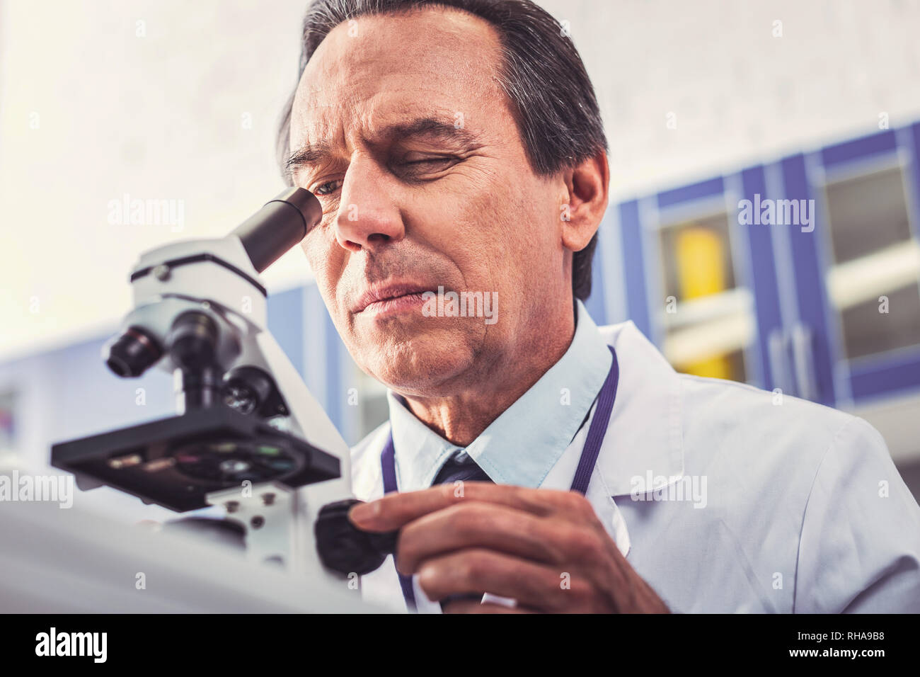 Busy hard-working microbiologist looking into microscope Stock Photo ...