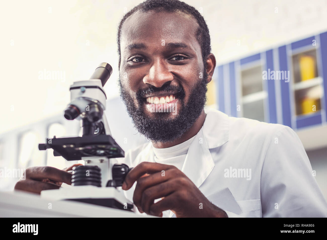 Beginning microbiologist smiling working in lab Stock Photo - Alamy