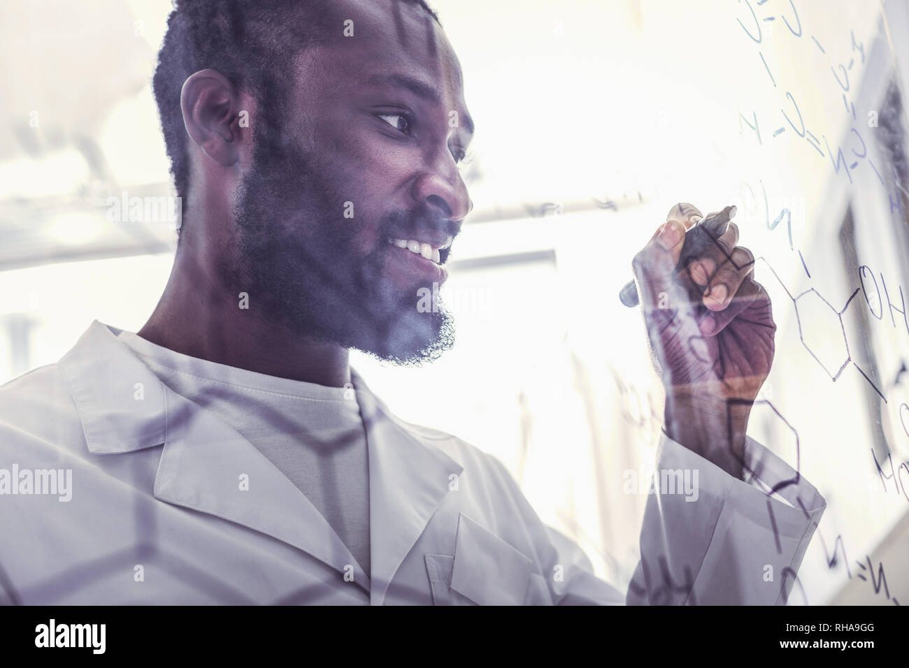 Microbiologist feeling satisfied after writing chemical formula Stock ...