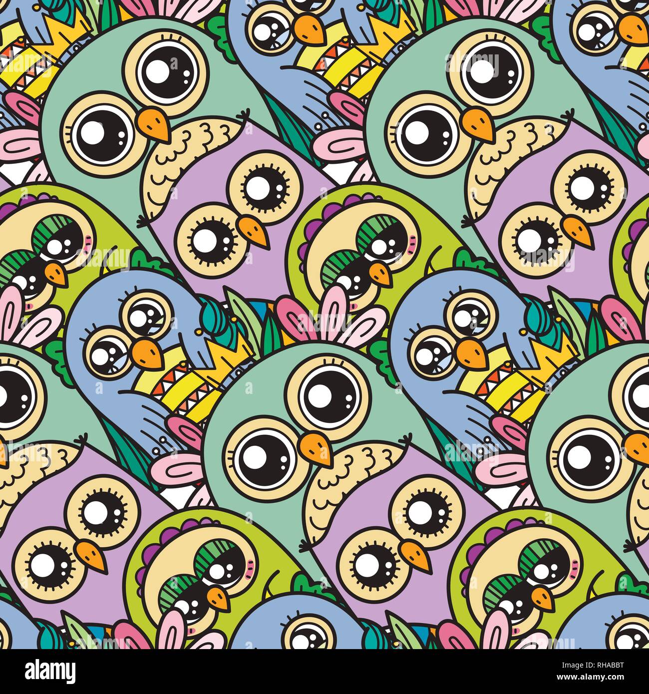 Seamless pattern with cute cartoon owls and furry owlets in pastel ...