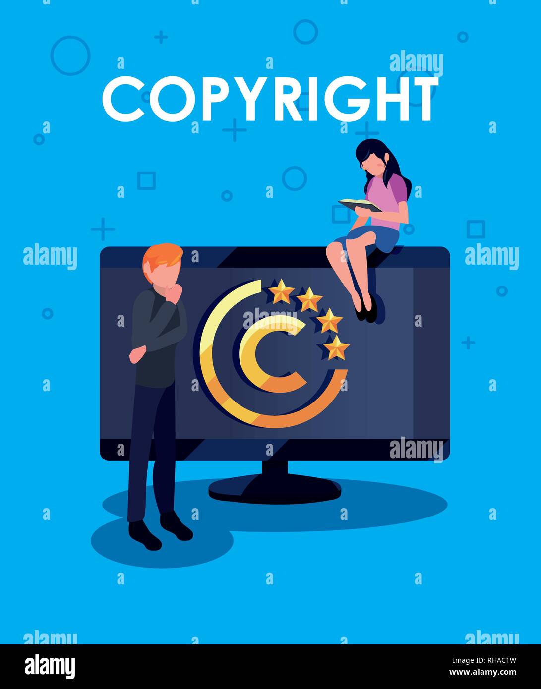 woman reading book and man computer copyright vector illustration Stock ...