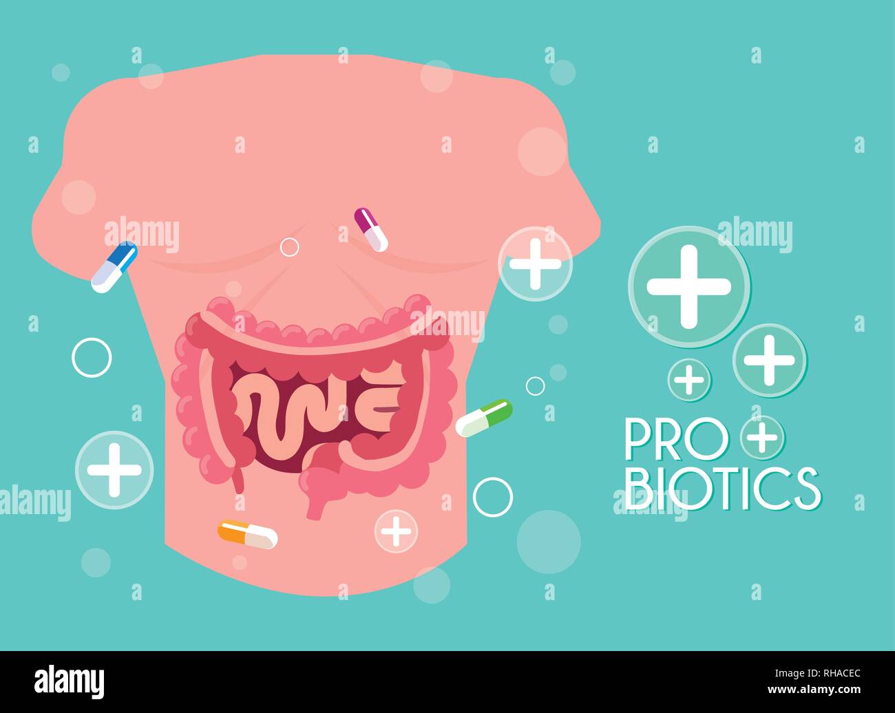 body of man with capsules medicines probiotics vector illustration ...