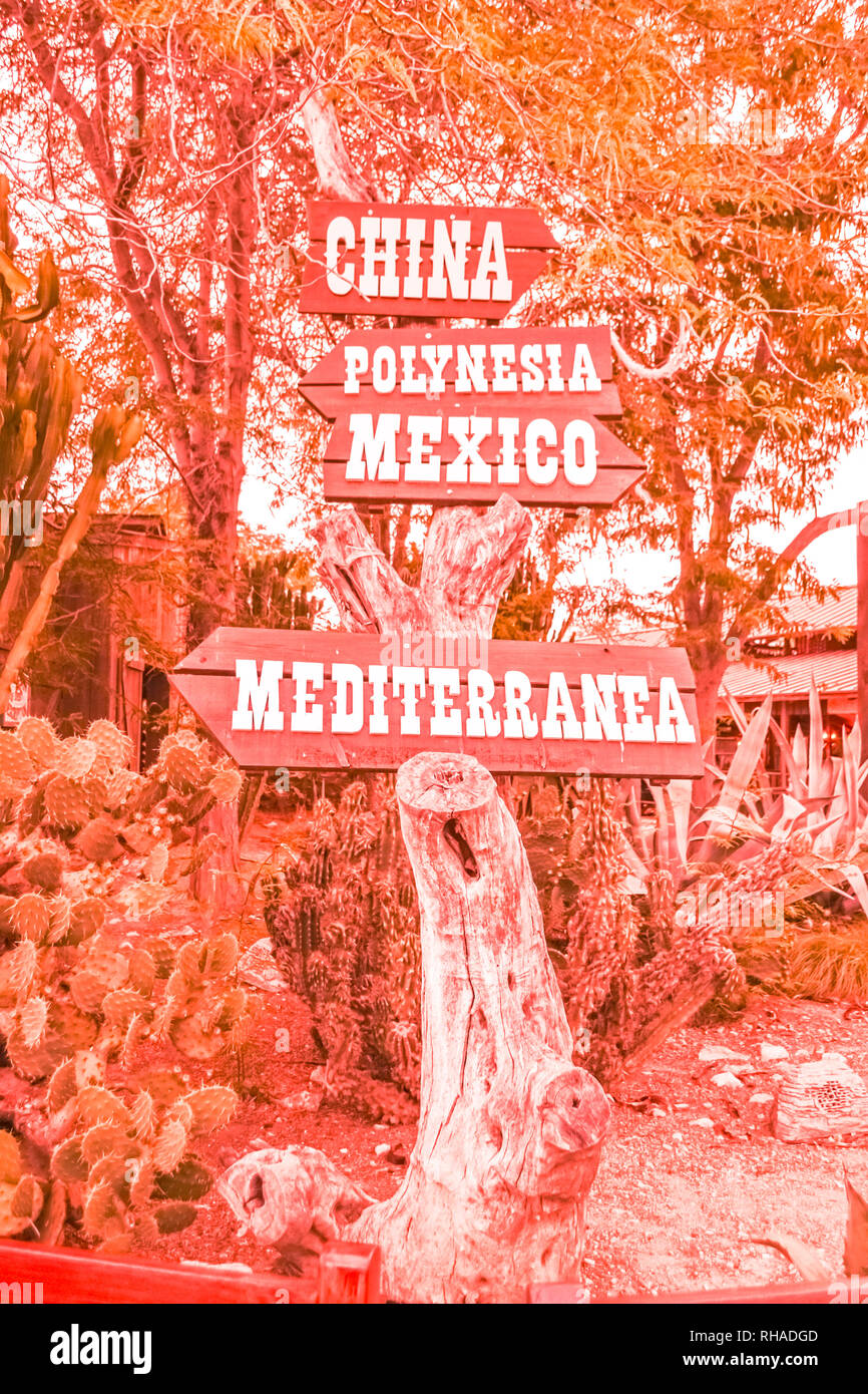 road sign to the continents in the amusement Park in coral color ...