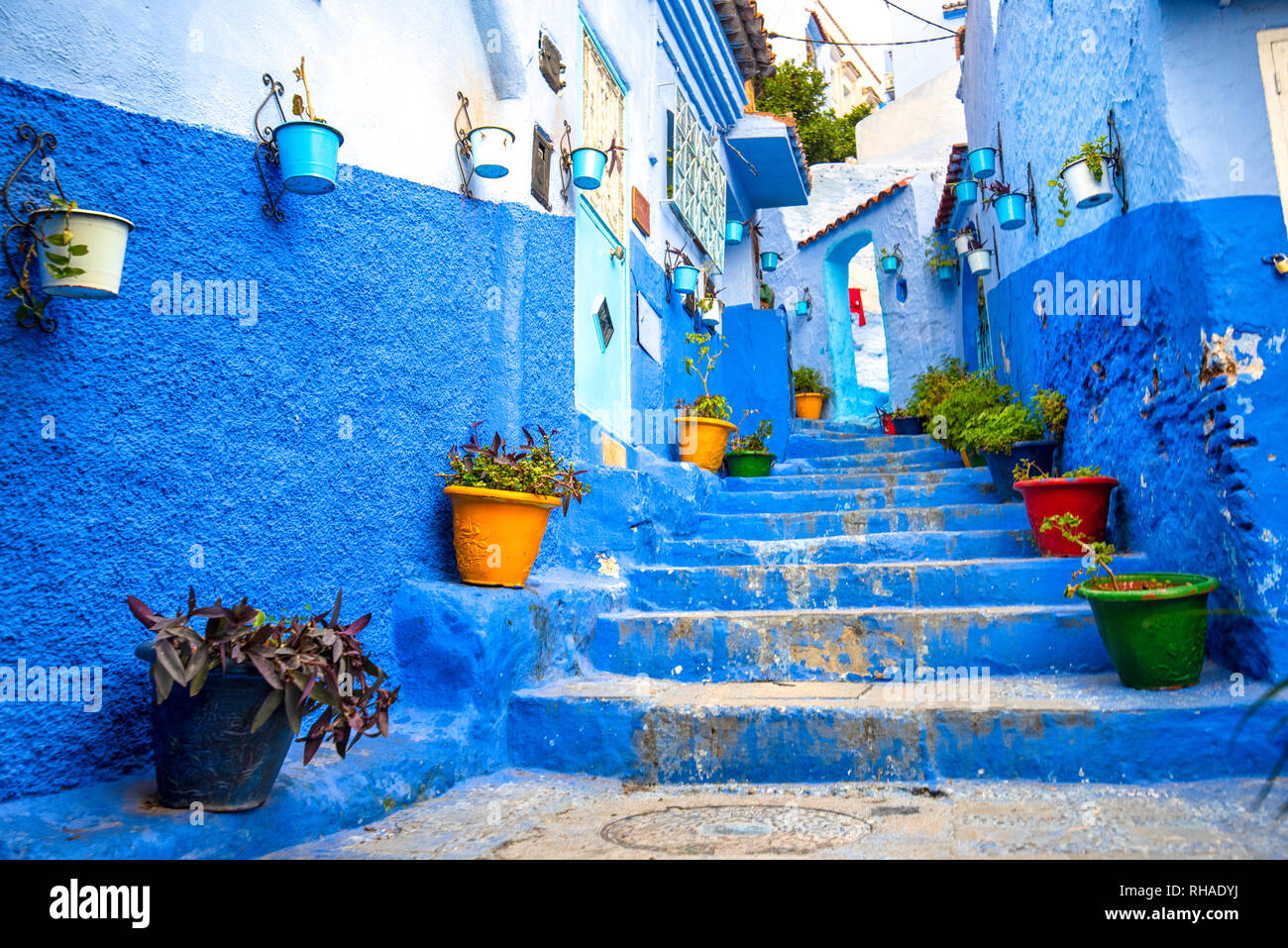Beautiful view of the blue city CHEFCHAOUEN, MOROCCO in the medina ...