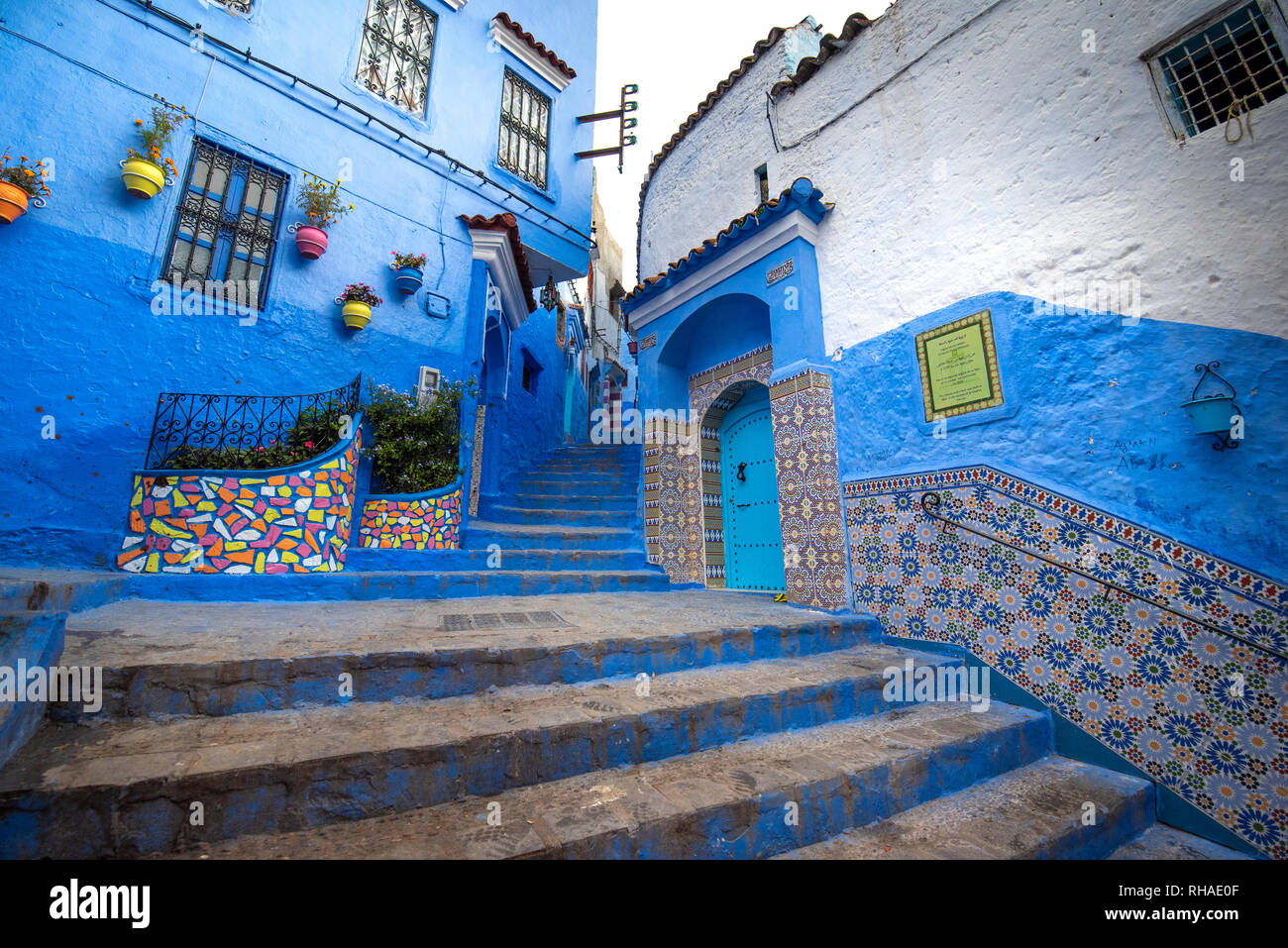 Beautiful view of the blue city CHEFCHAOUEN, MOROCCO in the medina ...