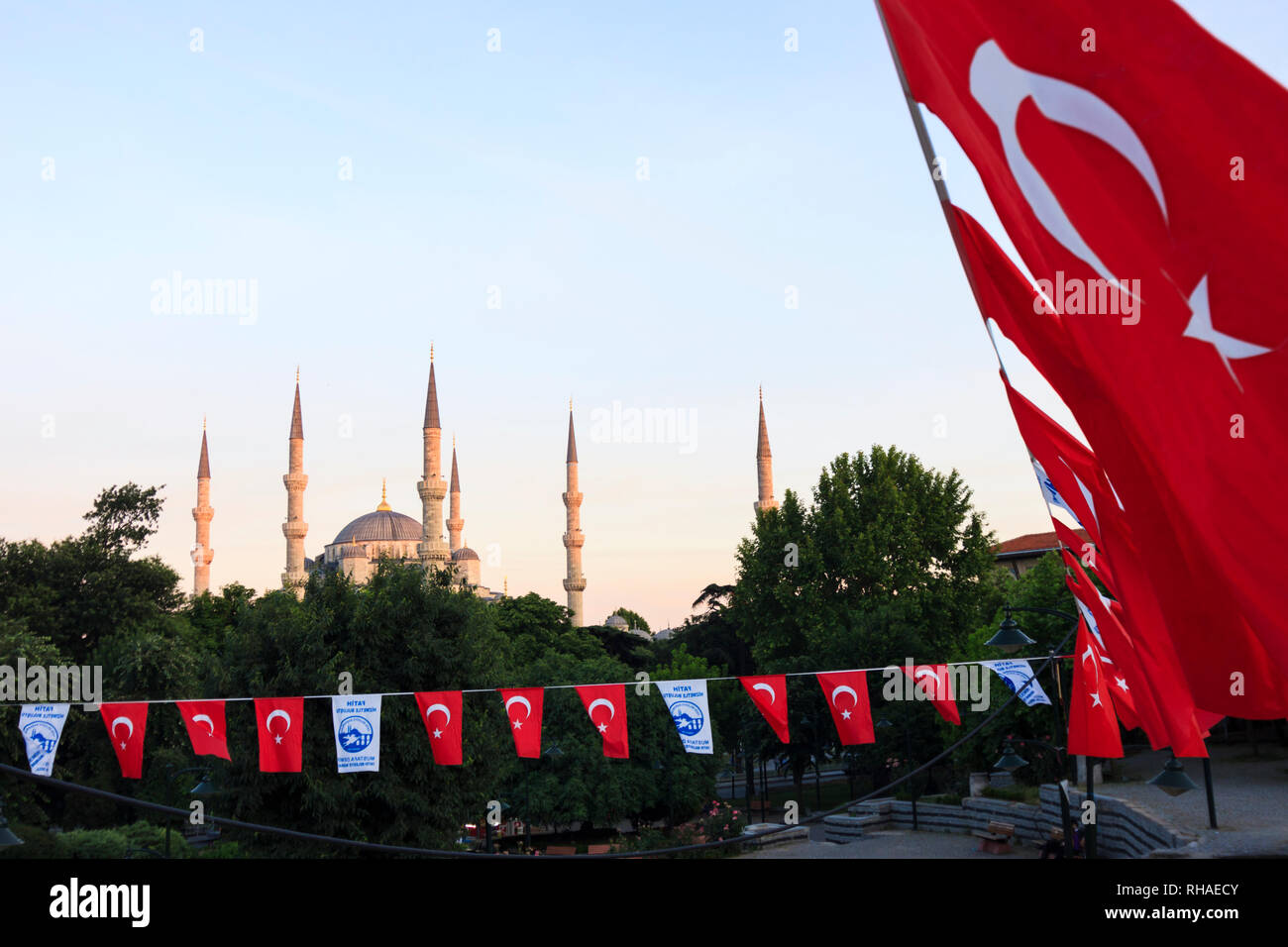 Istanbul, Turkey : Turkish flags flutter with the Blue Mosque or Sultan ...