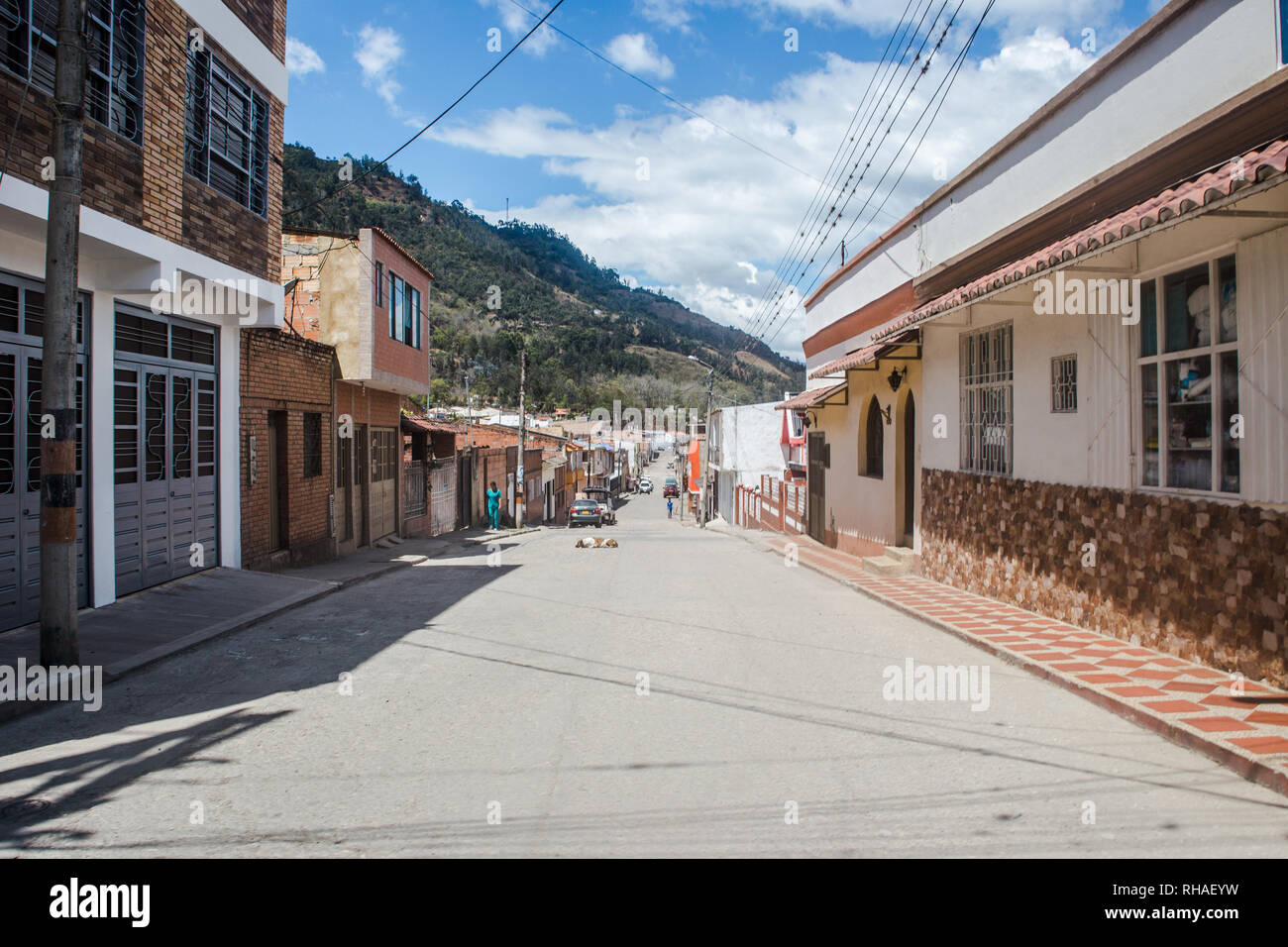 Typical street in a small Colombian town or pueblo called Choachi, just ...