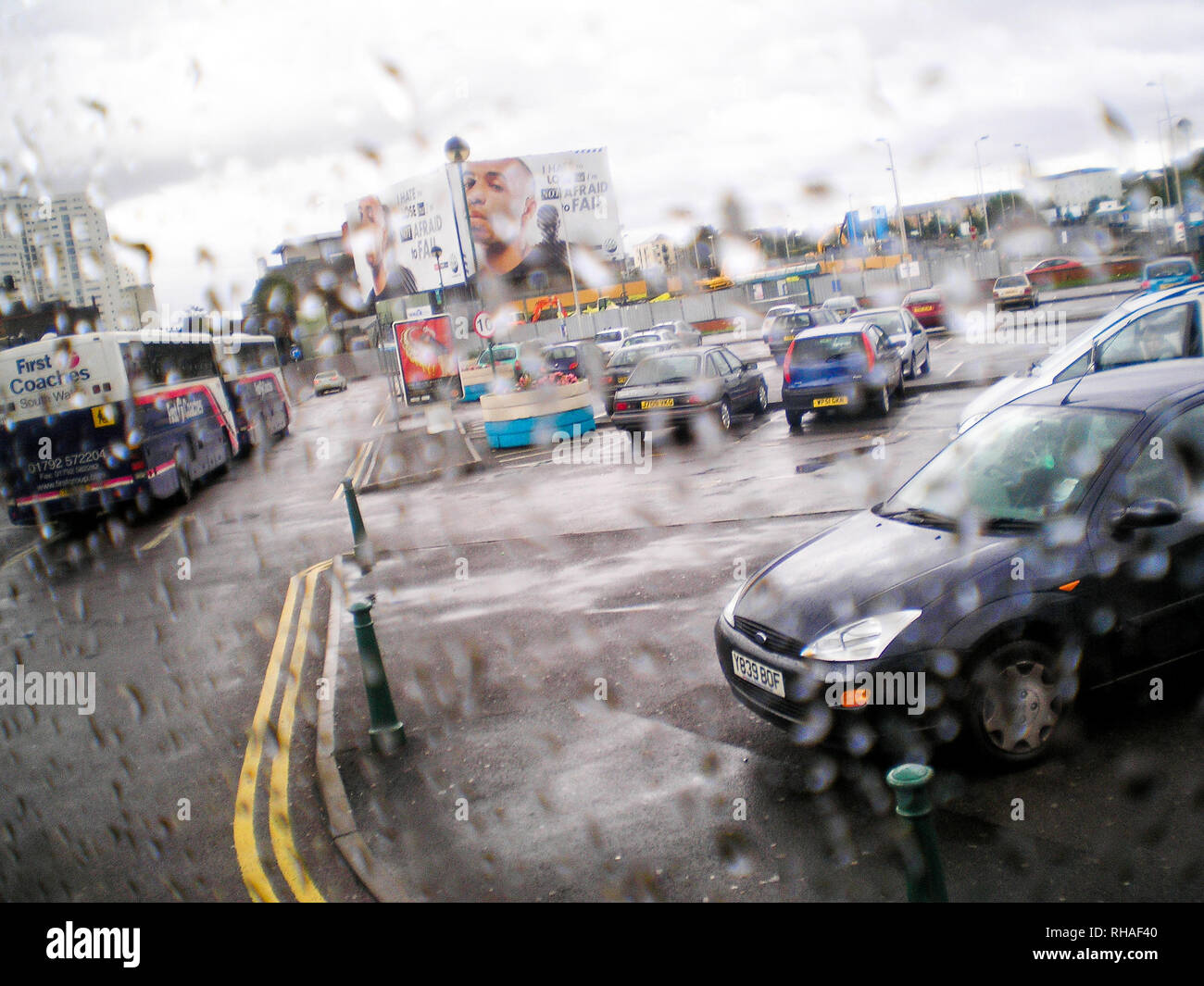 Travelling by bus under a heavy rain, Cardiff, Wales, United Kingdom ...