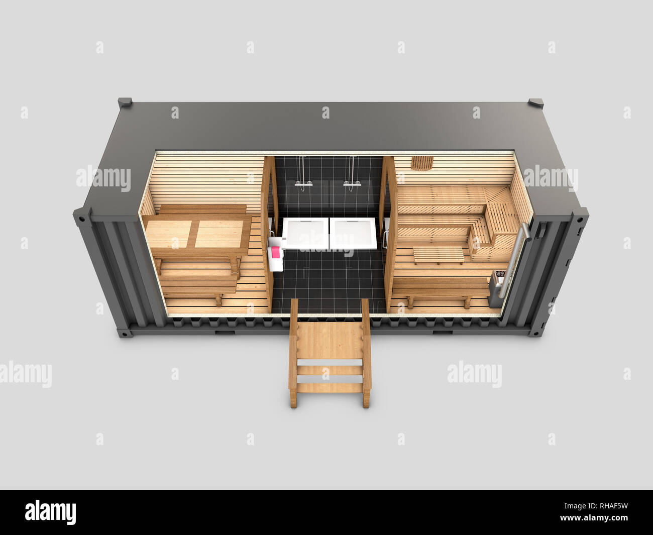 Converted old shipping container into sauna, 3d Illustration isolated ...