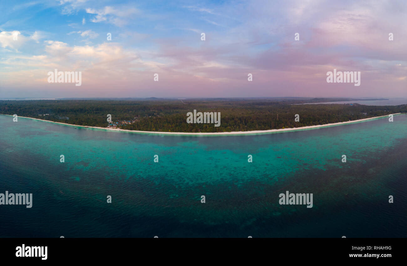 Aerial view tropical beach island reef caribbean sea dramatic sky at ...