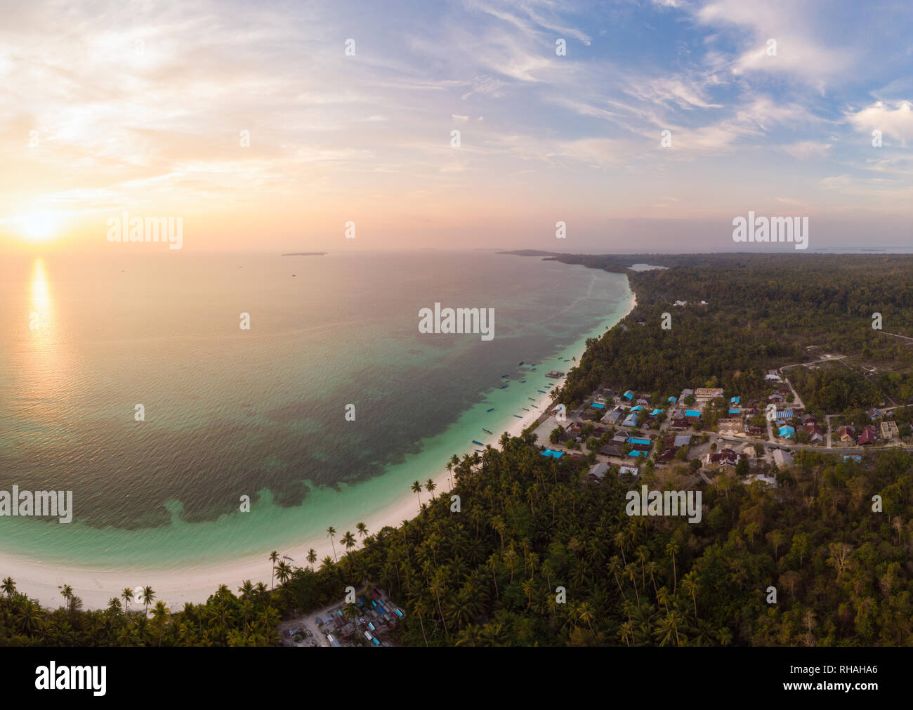 Aerial view tropical beach island reef caribbean sea dramatic sky at ...