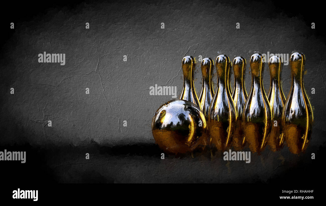 3d rendering of a golden bowling set on a dark background Stock Photo ...