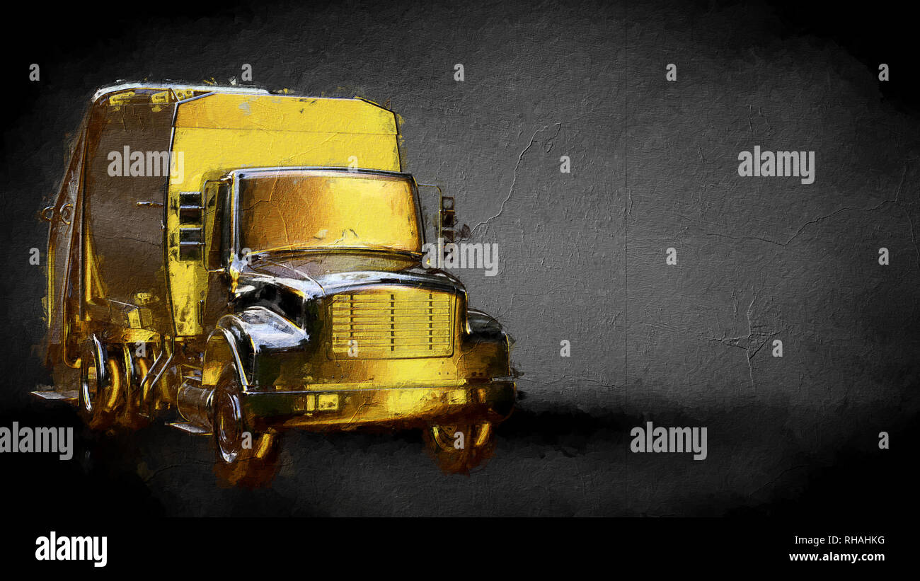 3d rendering of a golden truck on a dark background Stock Photo - Alamy