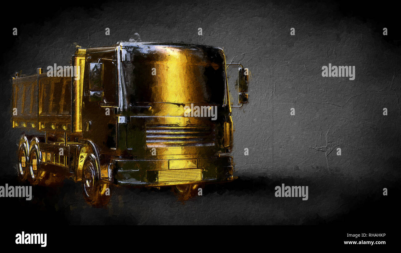 3d rendering of a golden truck on a dark background Stock Photo - Alamy