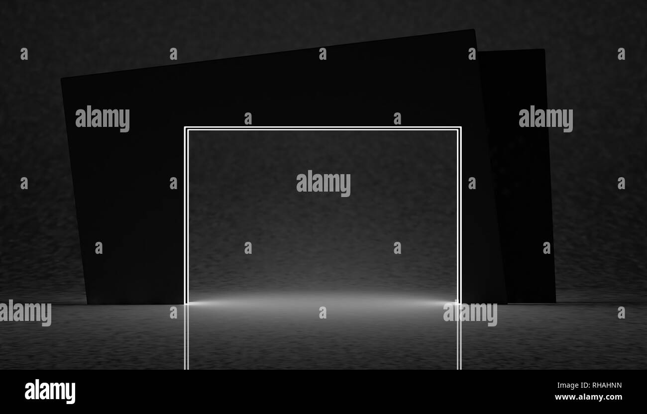 3d rendering of an empty white futuristic way on a black dark ...