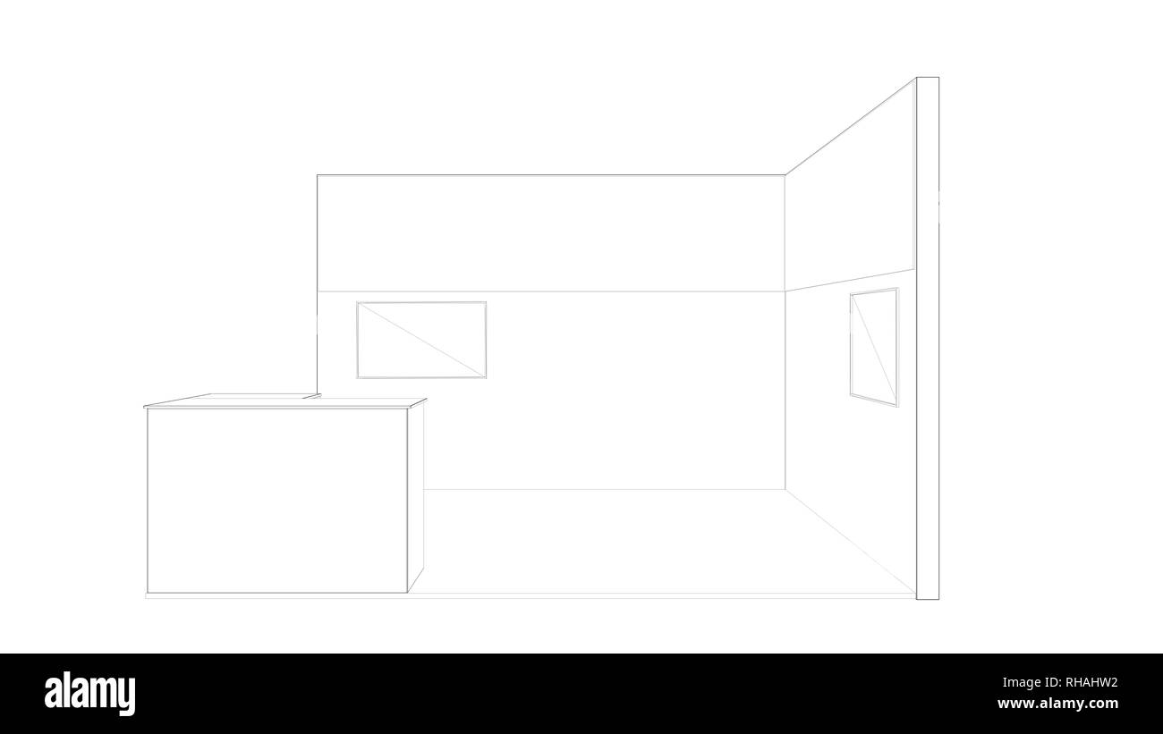 3d rendering of an outlined white exhibition stand with light for ...