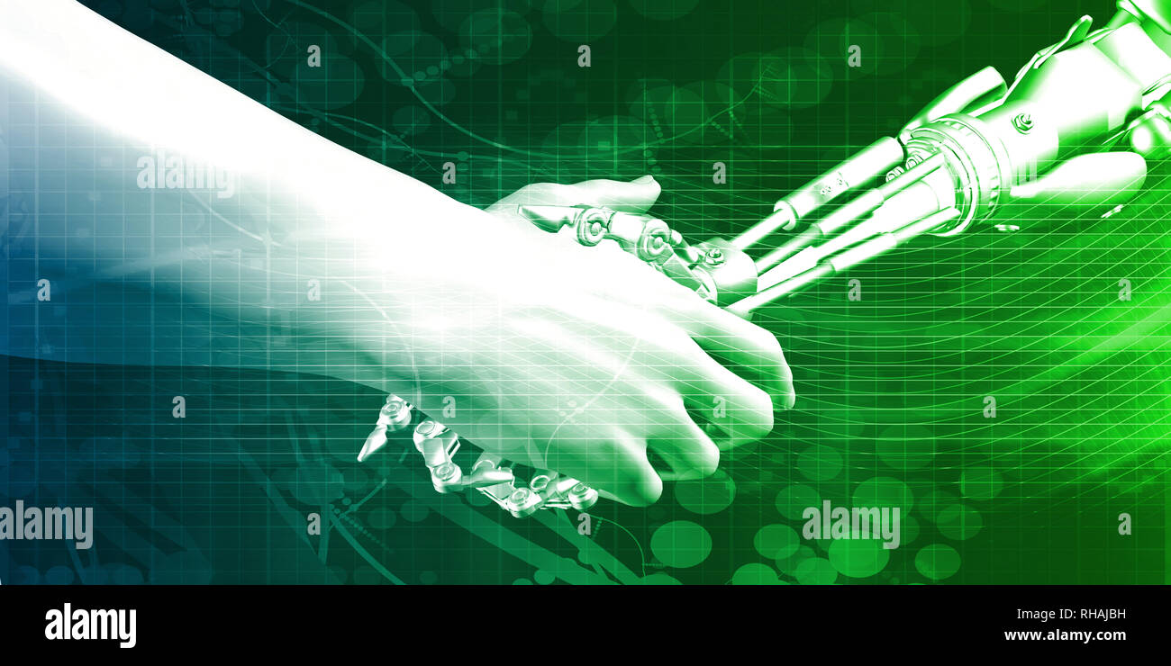 Engineering Technology with Robotic Arm and Human Hand Handshake Stock ...