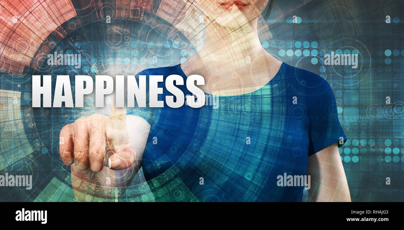 Happiness Technology With Woman Pressing on Screen Stock Photo - Alamy