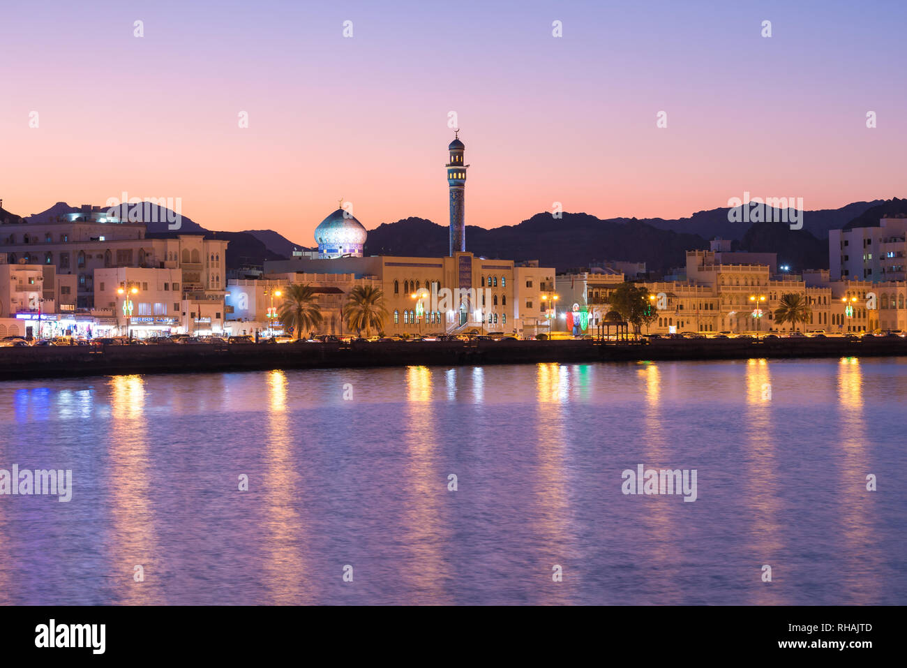 Harbour waterfront of Mutrah (old Muscat) in Oman with Masjid Al Rasool ...