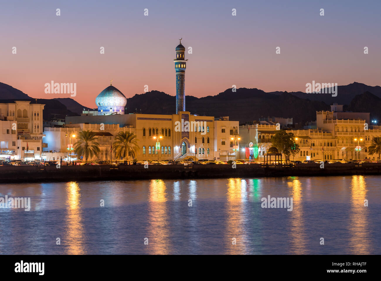 Harbour waterfront of Mutrah (old Muscat) in Oman with Masjid Al Rasool ...