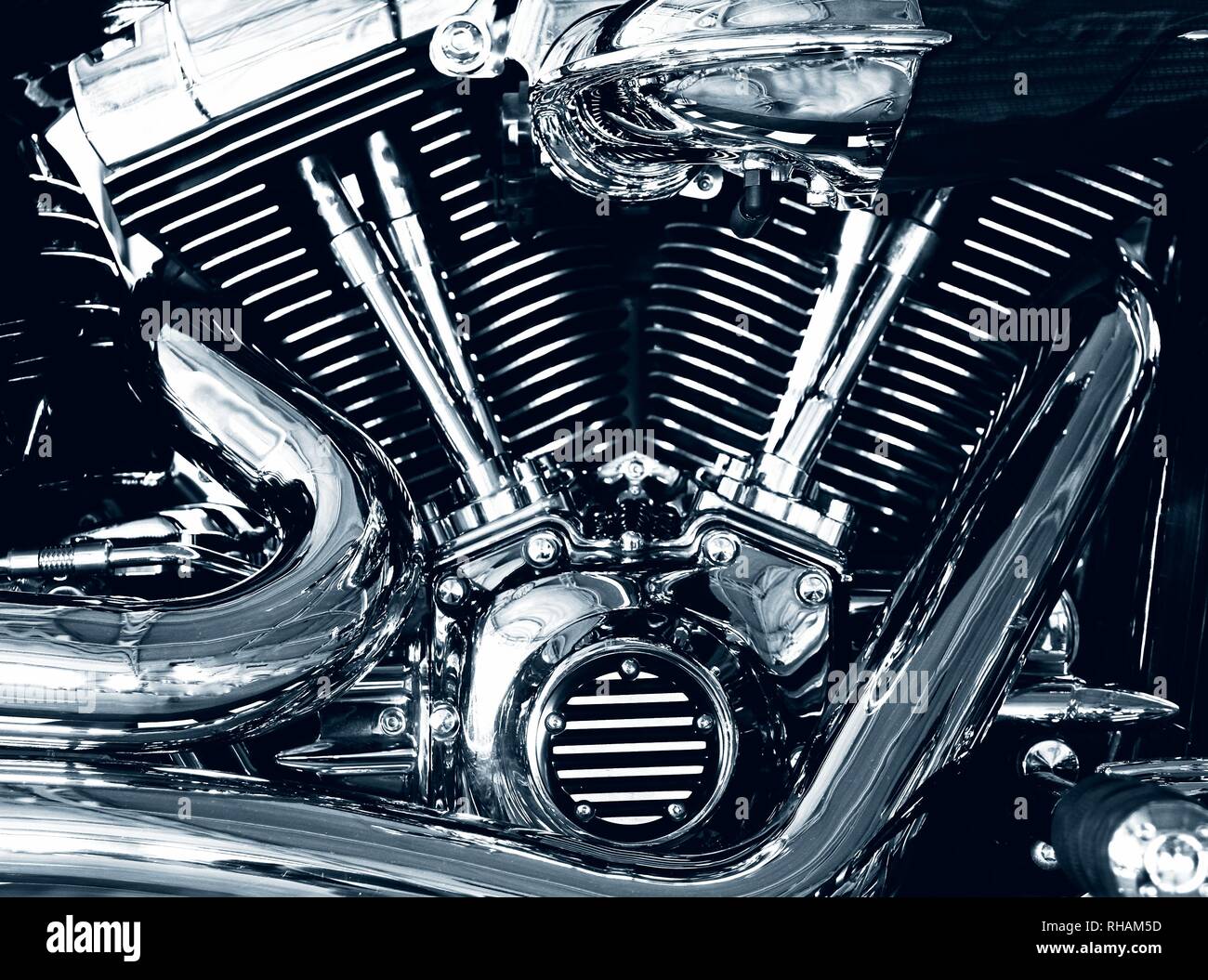 V configuration engine with chrome parts and exhaust system Stock Photo ...