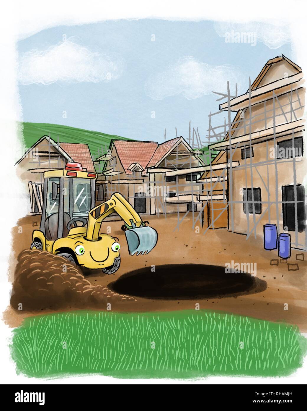 Illustration of a yellow cartoon digger in situation by Matt Corrigan ...