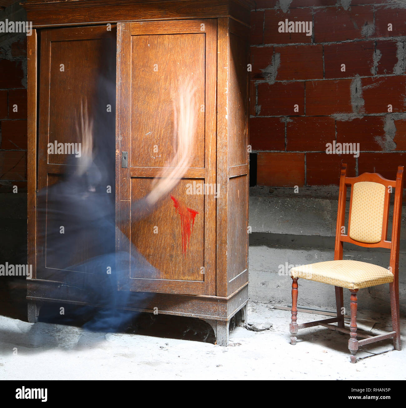 the presence of a ghostly ghost near the old wooden closet and a broken ...