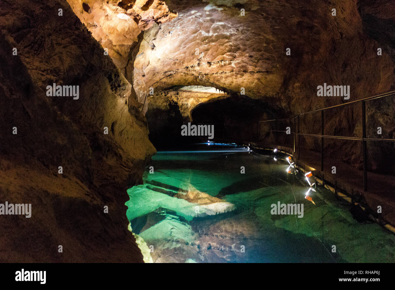 A water pool in River Cave at the Jenolan Caves at the Blue Mountains ...