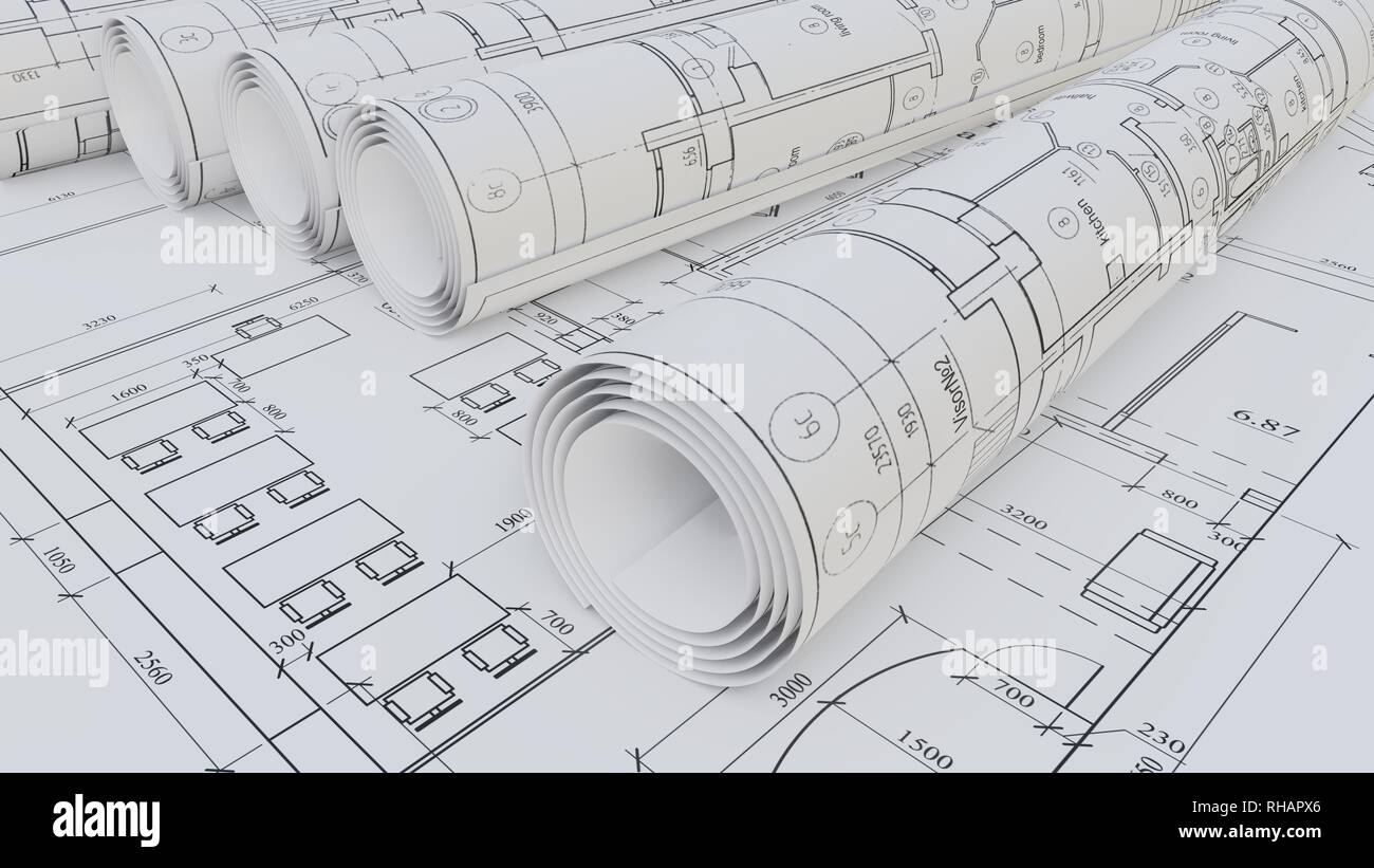 Architectural drawings. Flat and rolled Stock Photo - Alamy