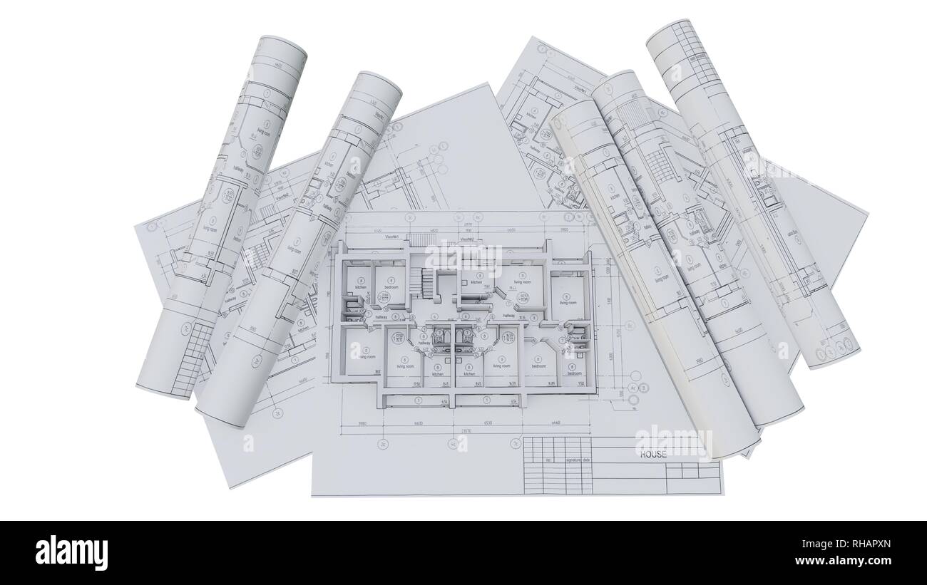 Built walls of a house on construction drawings Stock Photo - Alamy