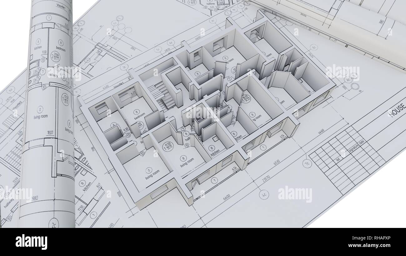 Built walls of a house on construction drawings Stock Photo - Alamy