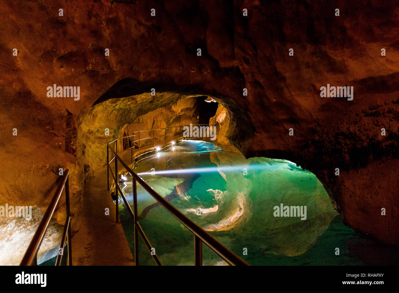 A water pool in River Cave at the Jenolan Caves at the Blue Mountains ...