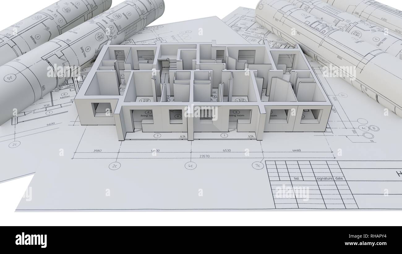 Built walls of a house on construction drawings Stock Photo - Alamy
