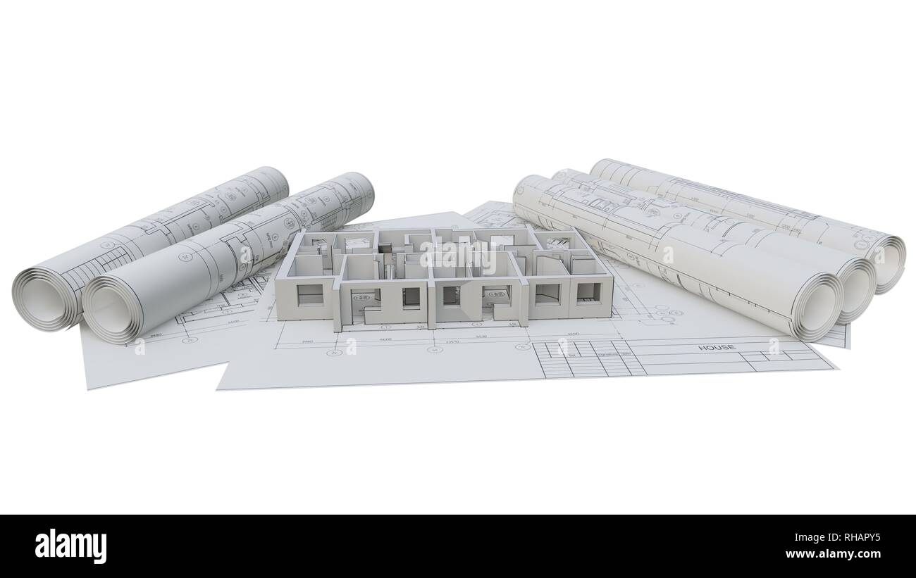 Built walls of a house on construction drawings Stock Photo - Alamy