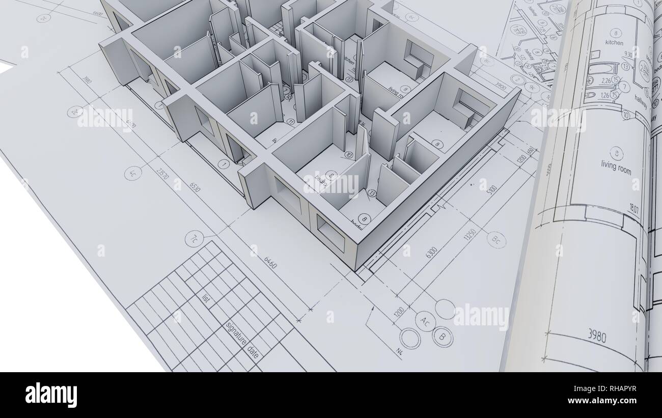 Built walls of a house on construction drawings Stock Photo - Alamy