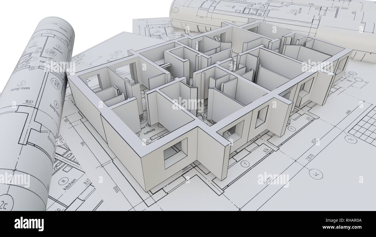 Built walls of a house on construction drawings Stock Photo - Alamy